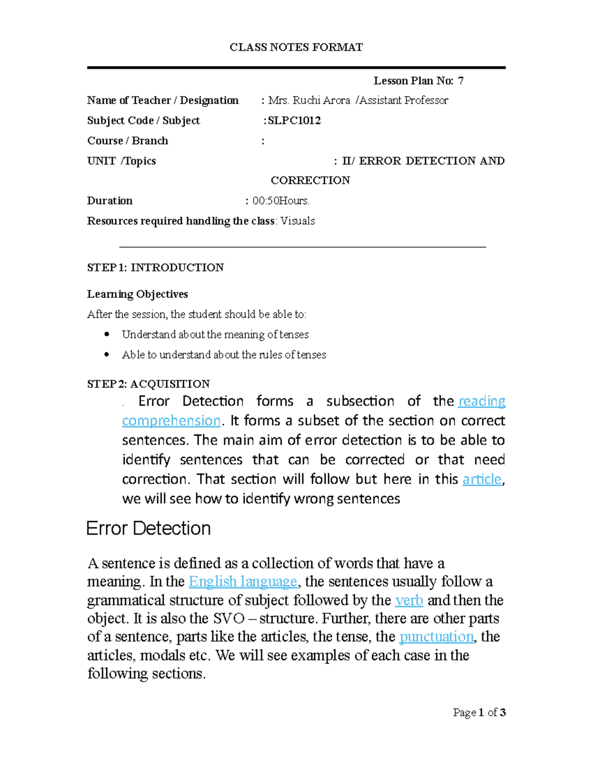 LP 7 Error Detection - Lecture notes notes lesson 7 - CLASS NOTES ...