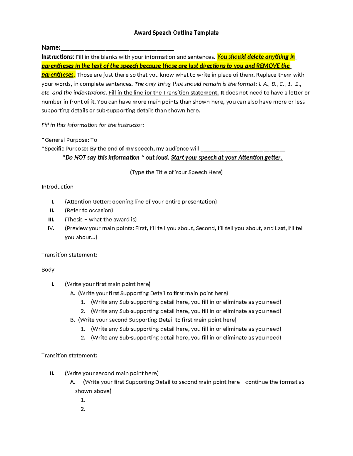 Award Speech Outline Template - F20 - Award Speech Outline Template ...