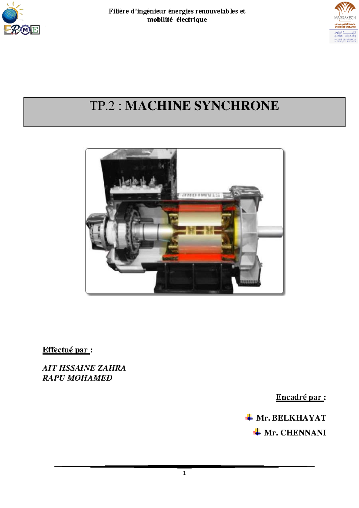 TP2 Machine Synchrone - Effectué par : AIT HSSAINE ZAHRA RAPU MOHAMED Encadré par : Mr ...