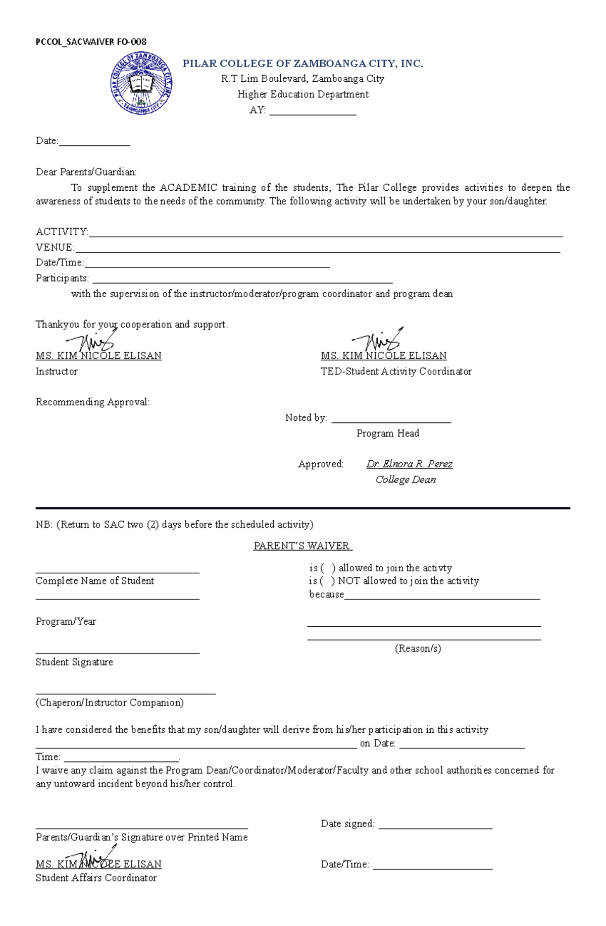 Student-Waiver - adF - PCCOL_SACWAIVER FO- PILAR COLLEGE OF ZAMBOANGA ...