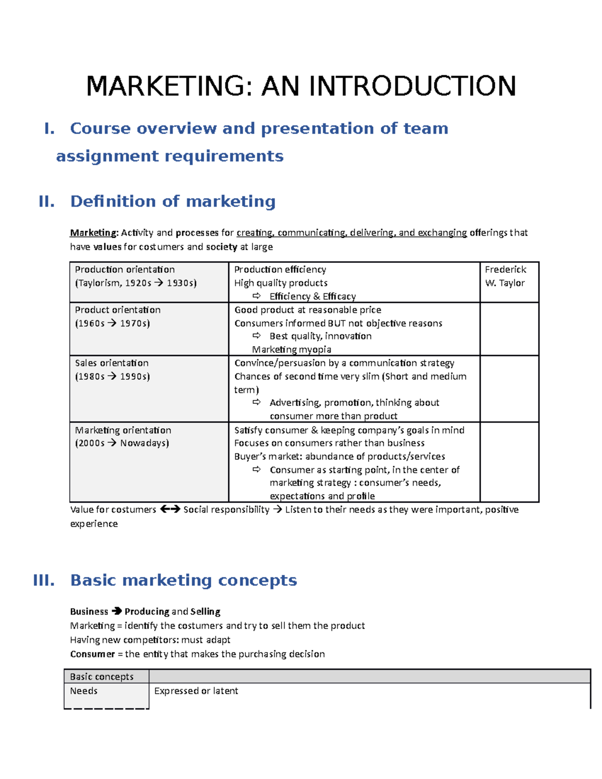 1st Class - MARKETING: AN INTRODUCTION I. Course overview and ...
