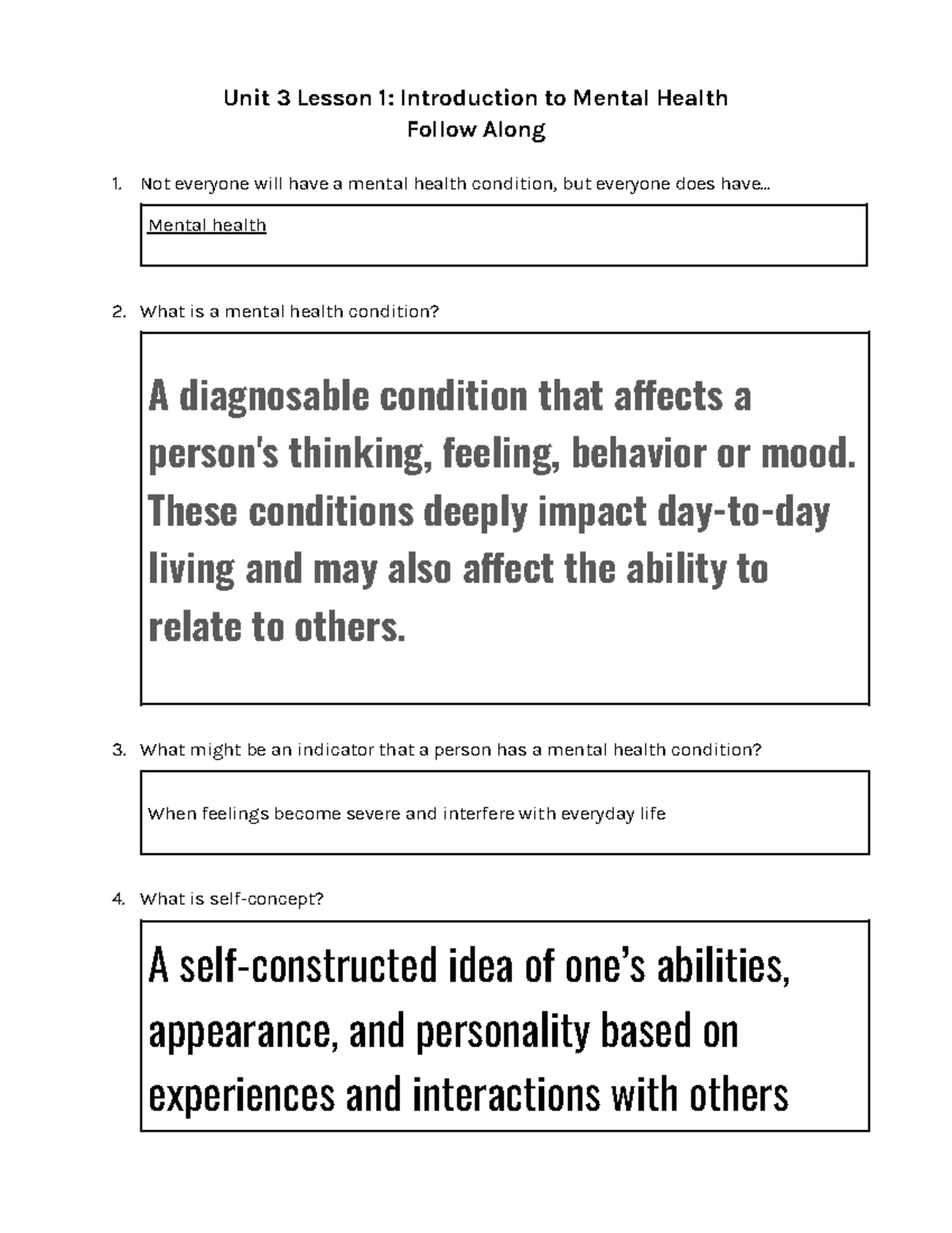 Copy of Mental Health Notes - Unit 3 Lesson 1: Introduction to Mental ...