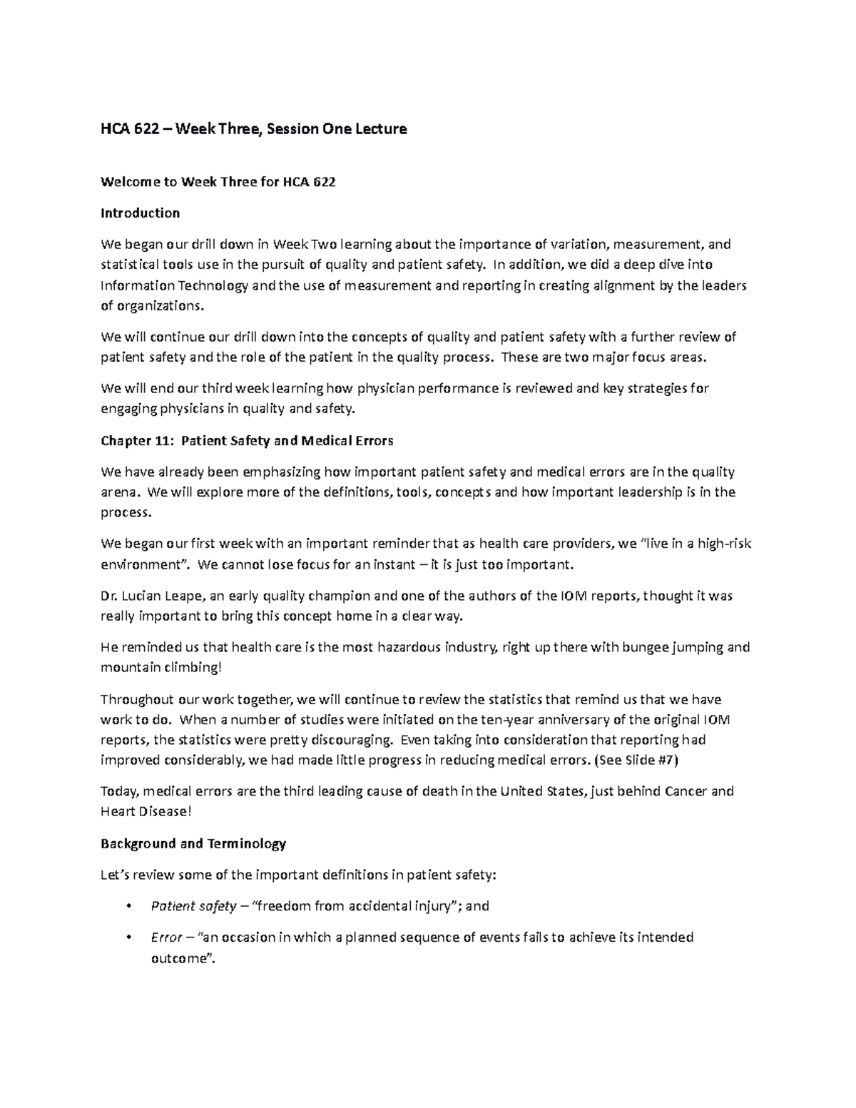 Week Three Session One Lecture - HCA 622 – Week Three, Session One ...