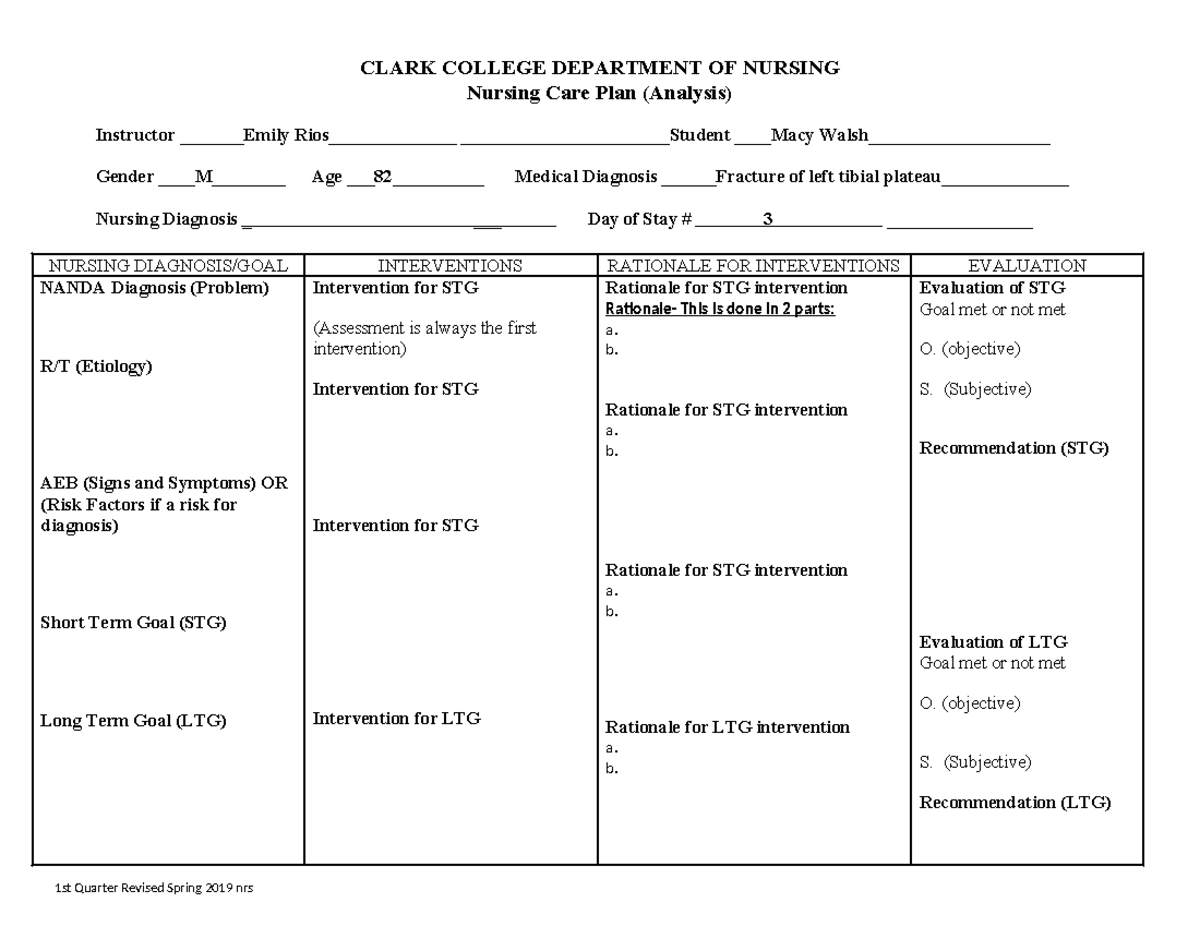 Blank Care Plan - CLARK COLLEGE DEPARTMENT OF NURSING Nursing Care Plan ...