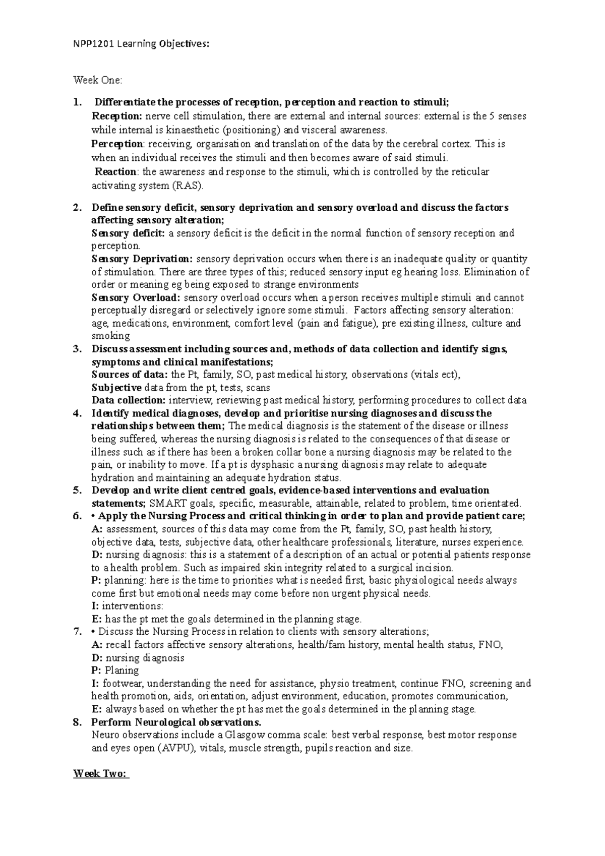 Weekly Objectives 1-9 NPP1201 - NPP1201 Learning Objectives: Week One ...