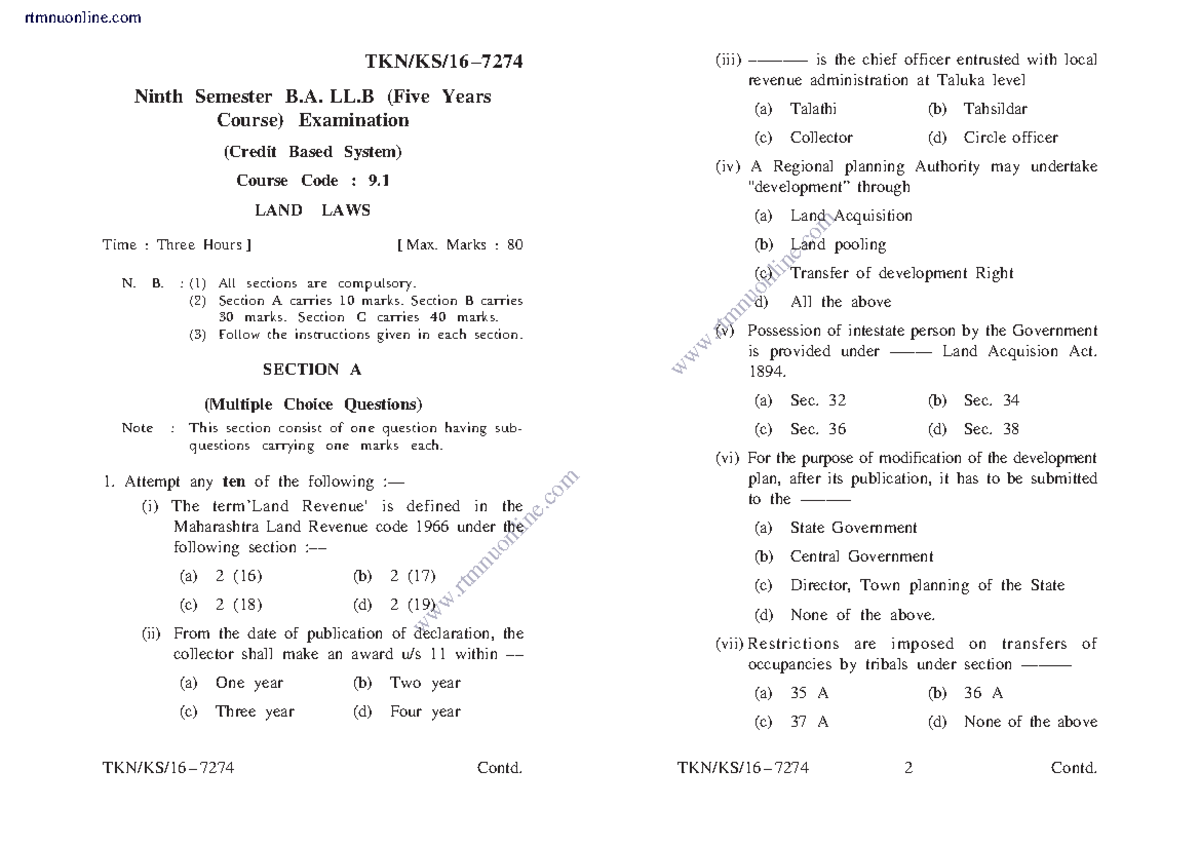 LAND-SUM-16 - que paper - rtmnuonline rtmnuonline TKN/KS/ – Ninth ...