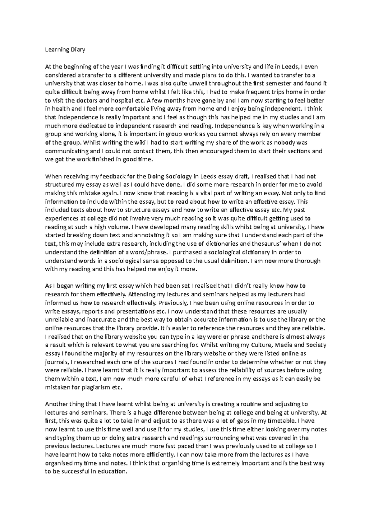 Learning Diary - Grade: 2:1 - Learning Diary At the beginning of the year I was finding it ...