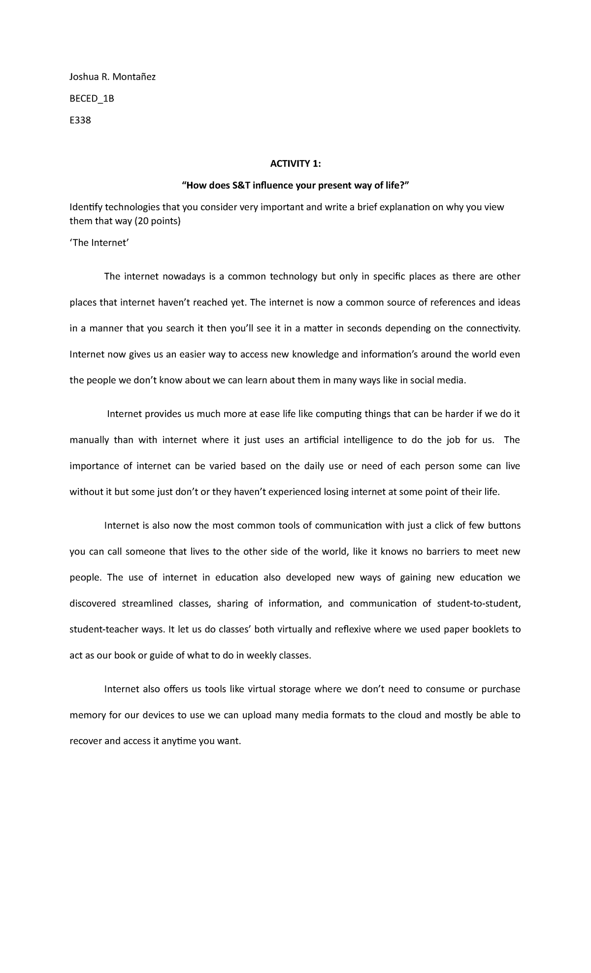 Classwork for Module 1 - 1st assignment STS - Joshua R. Montañez BECED ...