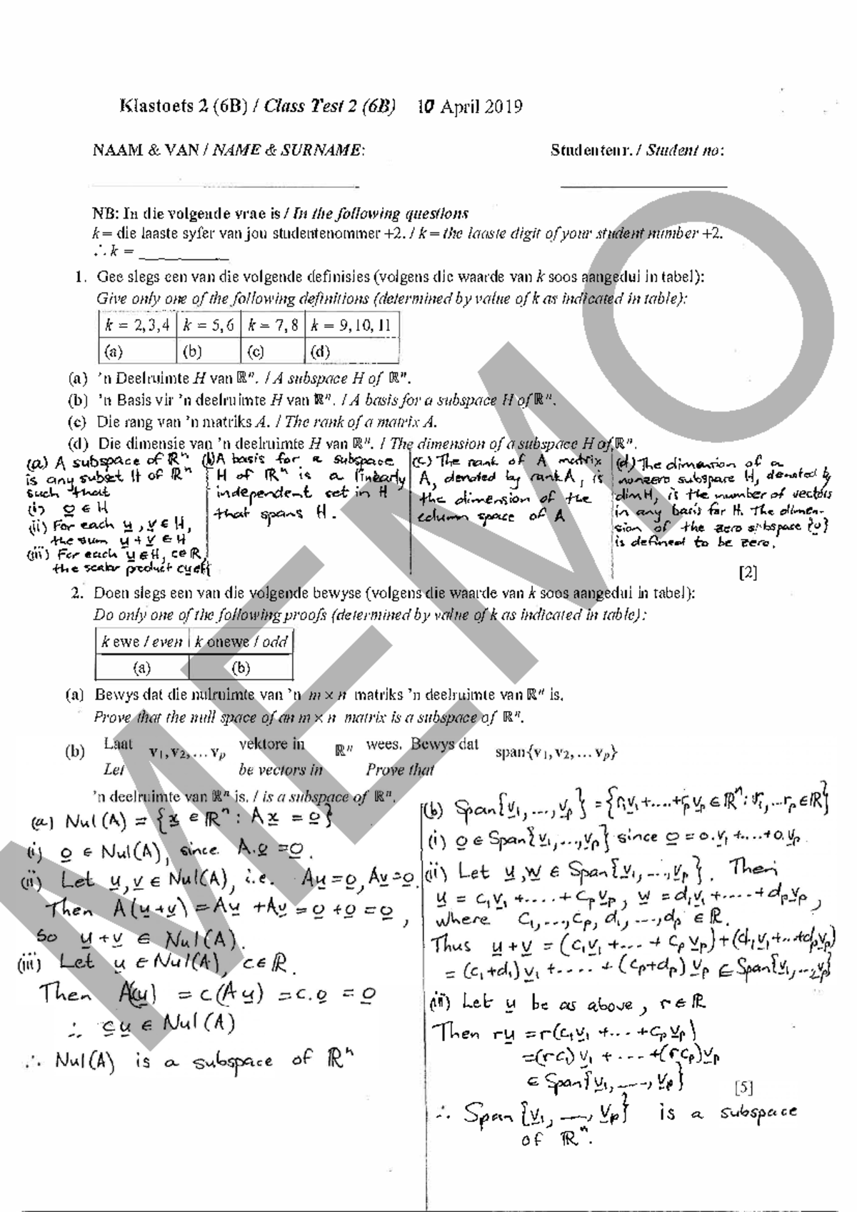 2019 Klastoets 2 - 6B memo - Klastoets 2 (6B) / Class Test 2 (6B) IO ...