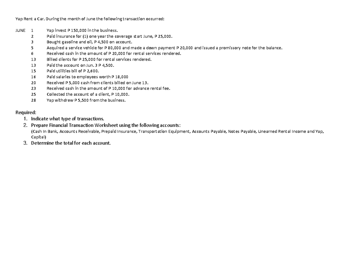 Transaction-worksheet Sample Problem - Yap Rent a Car. During the month ...