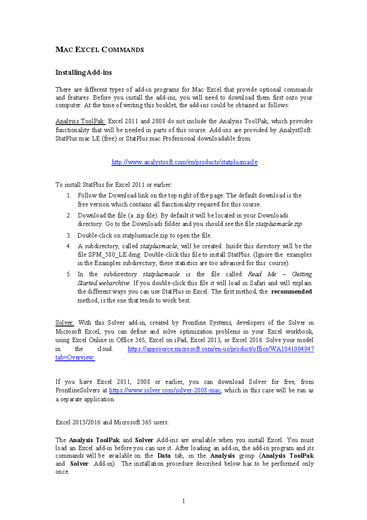 Mac Excel Extra for Week 1 - MAC EXCEL COMMANDS Installing Add-ins ...