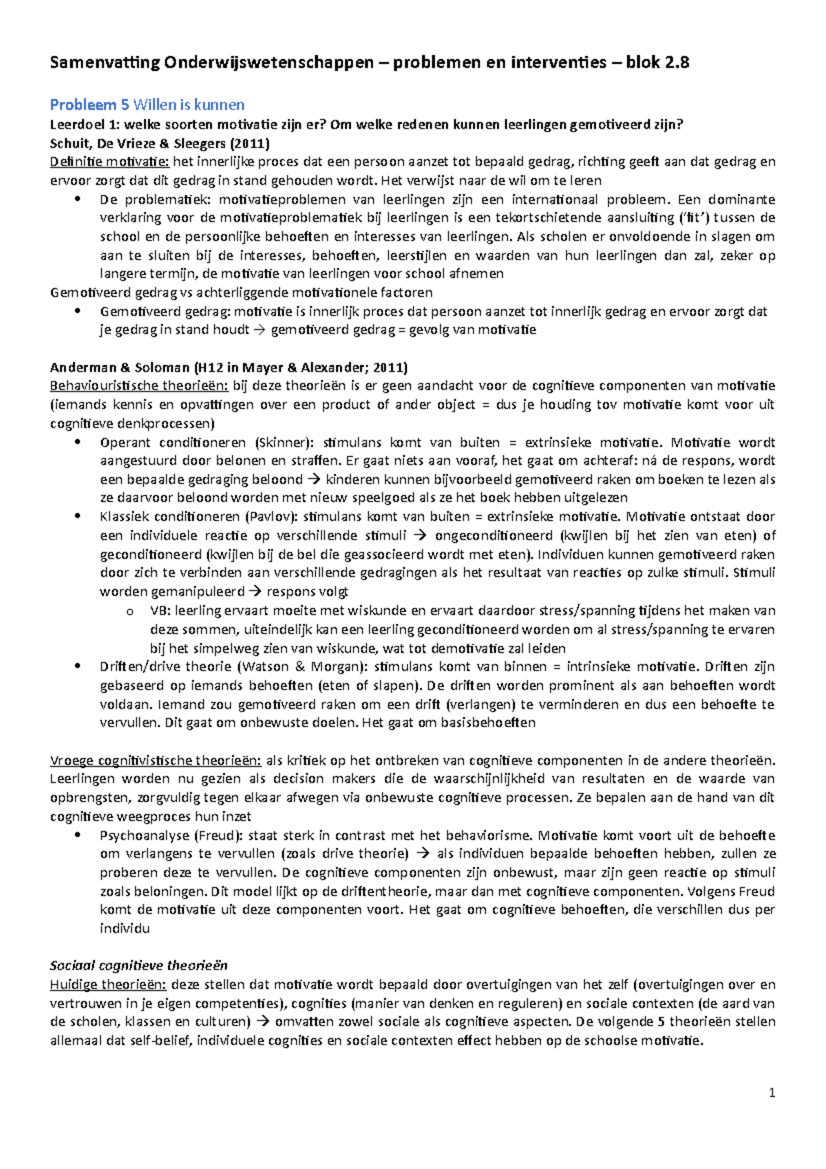 Probleem 5 - Samenvatting Onderwijswetenschappen – problemen en interventies – blok 2. Probleem ...