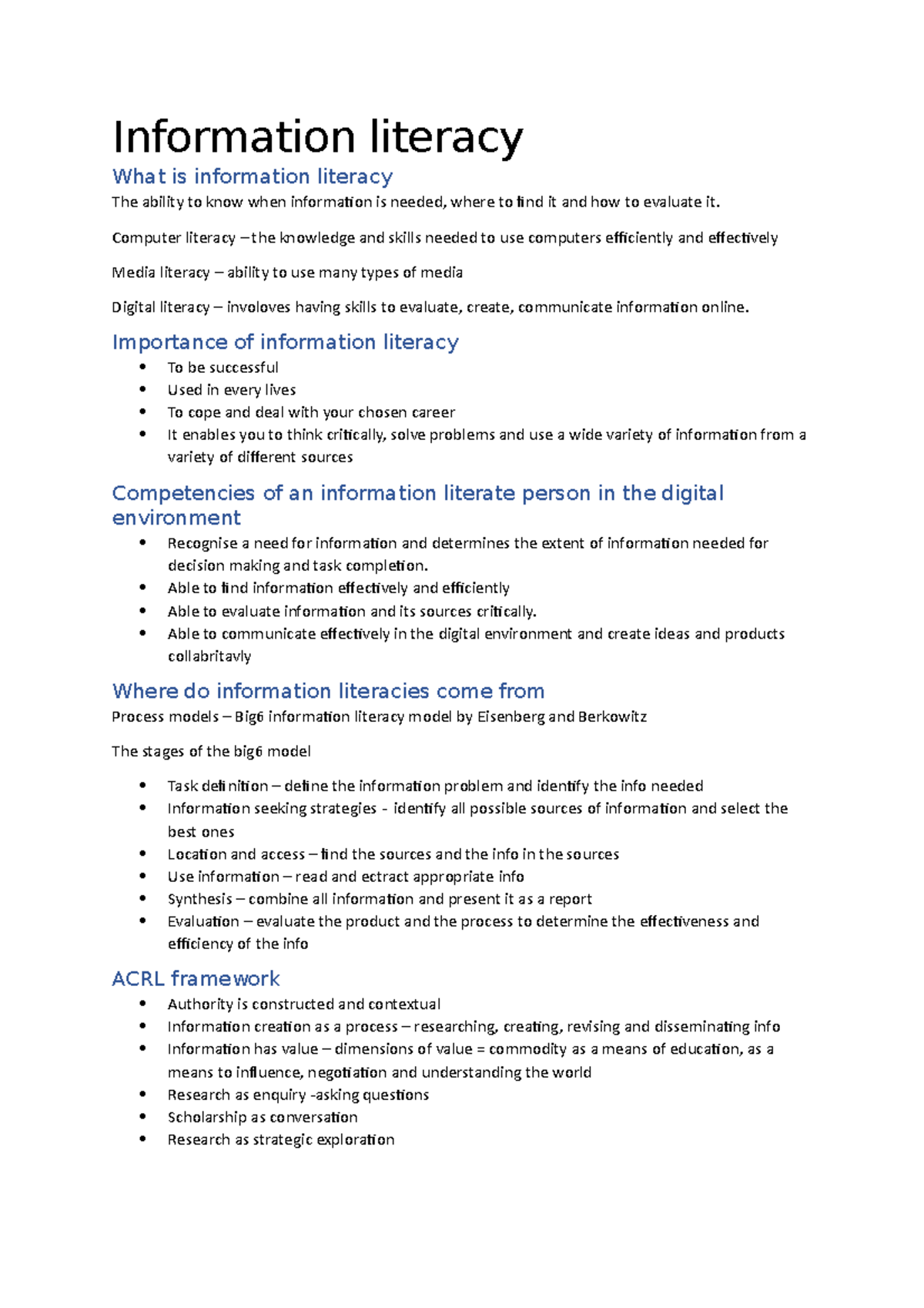 Information literacy - sem test 1 notes - Information literacy What is ...