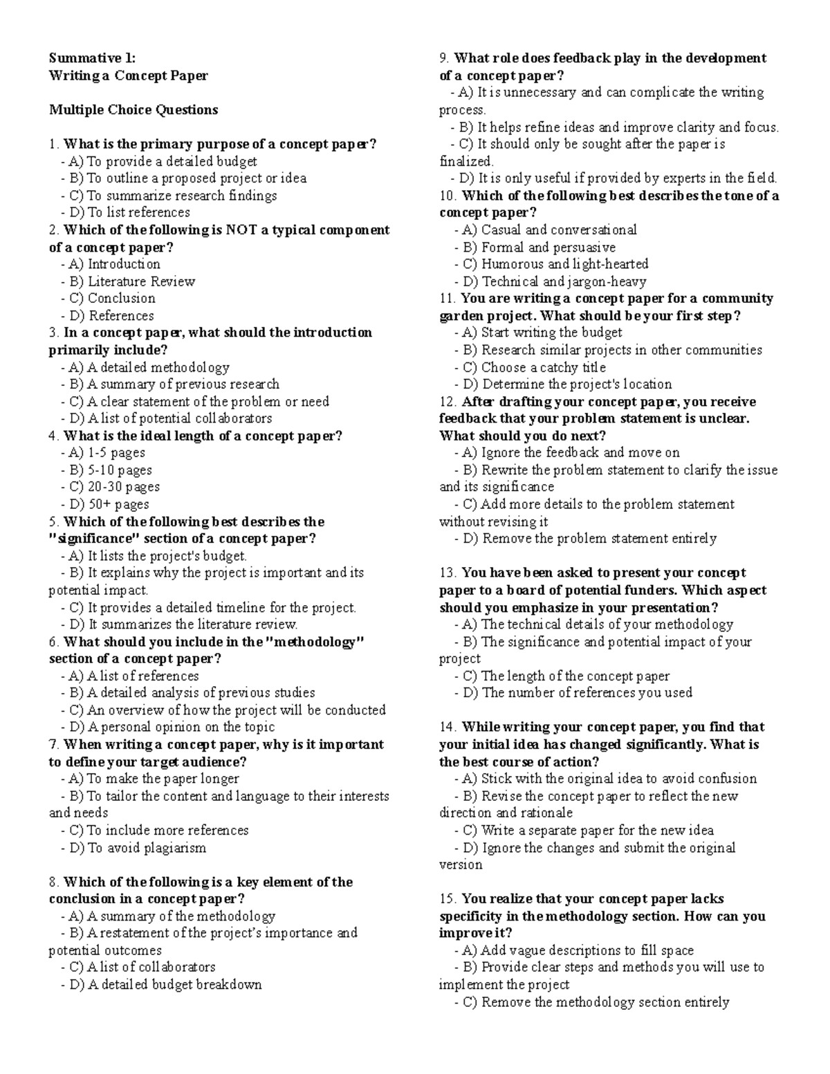 Summative 1 - oral communication - Summative 1: Writing a Concept Paper Multiple Choice ...