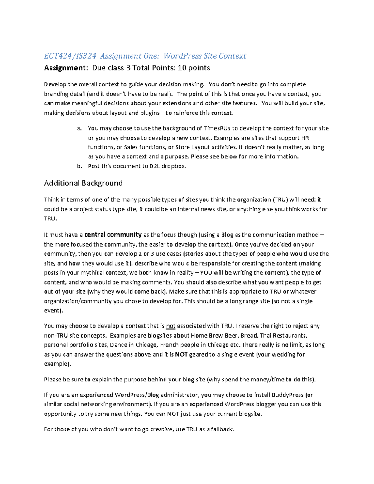 One - ECT work - ECT424/IS324 Assignment One: WordPress Site Context ...