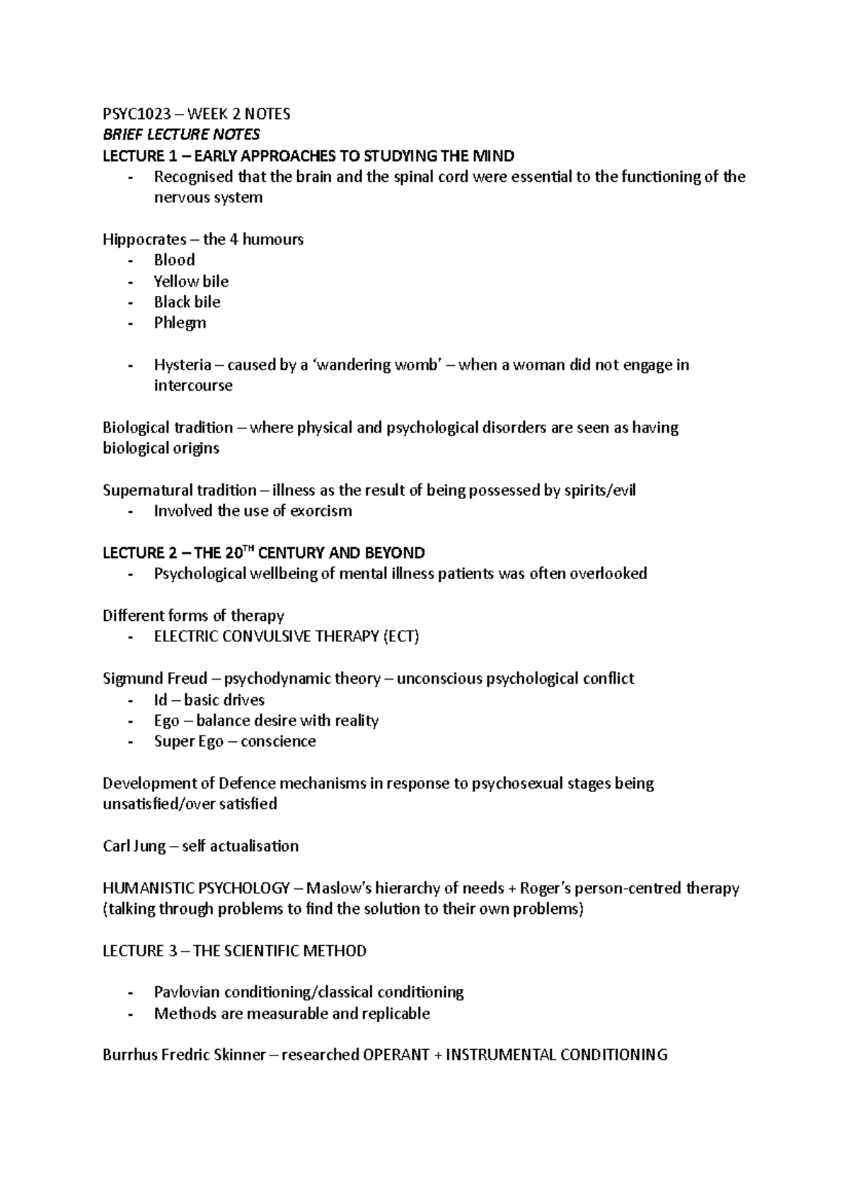 PSYC1023 WEEK 2 Notes - PSYC1023 – WEEK 2 NOTES BRIEF LECTURE NOTES ...