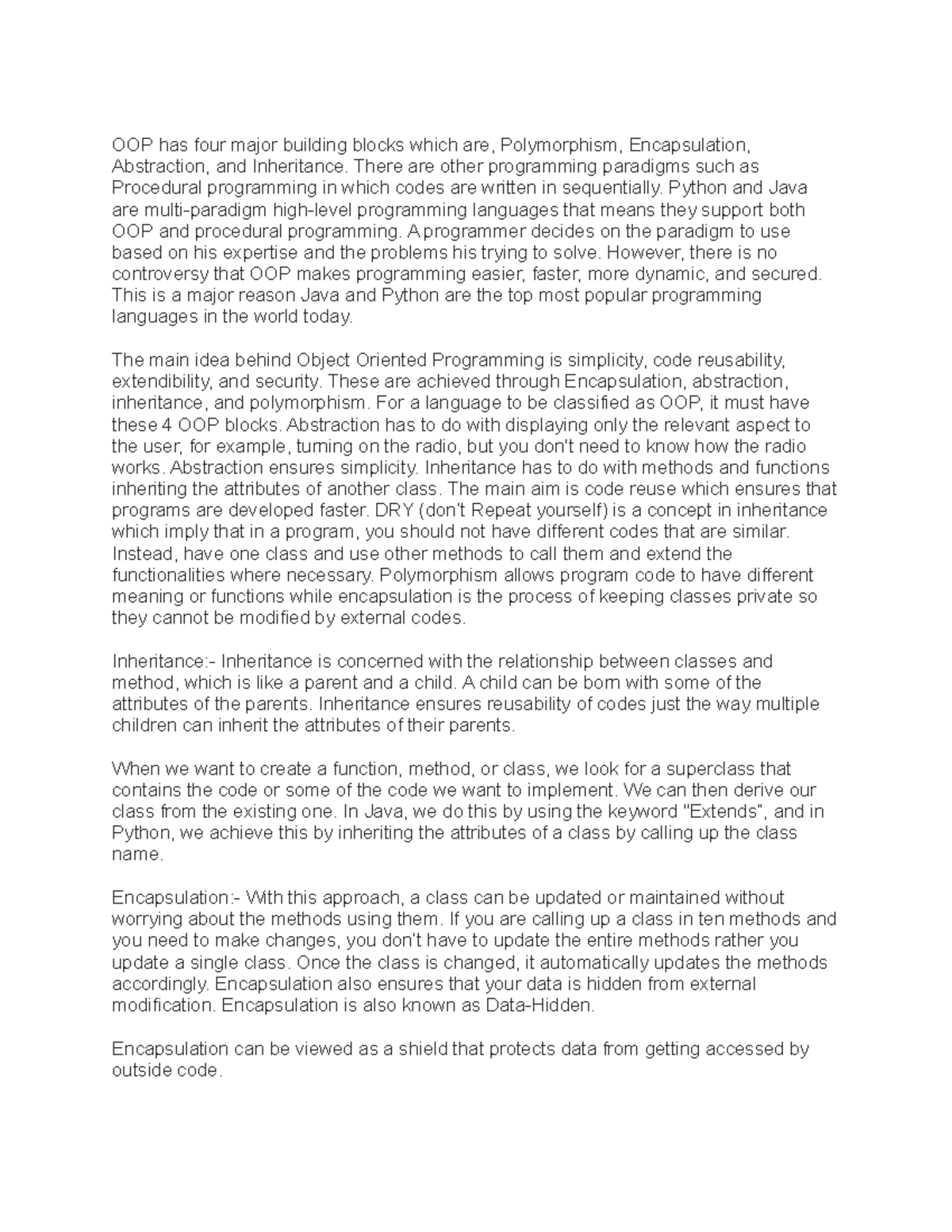 3-3 Discussion - OOP has four major building blocks which are ...