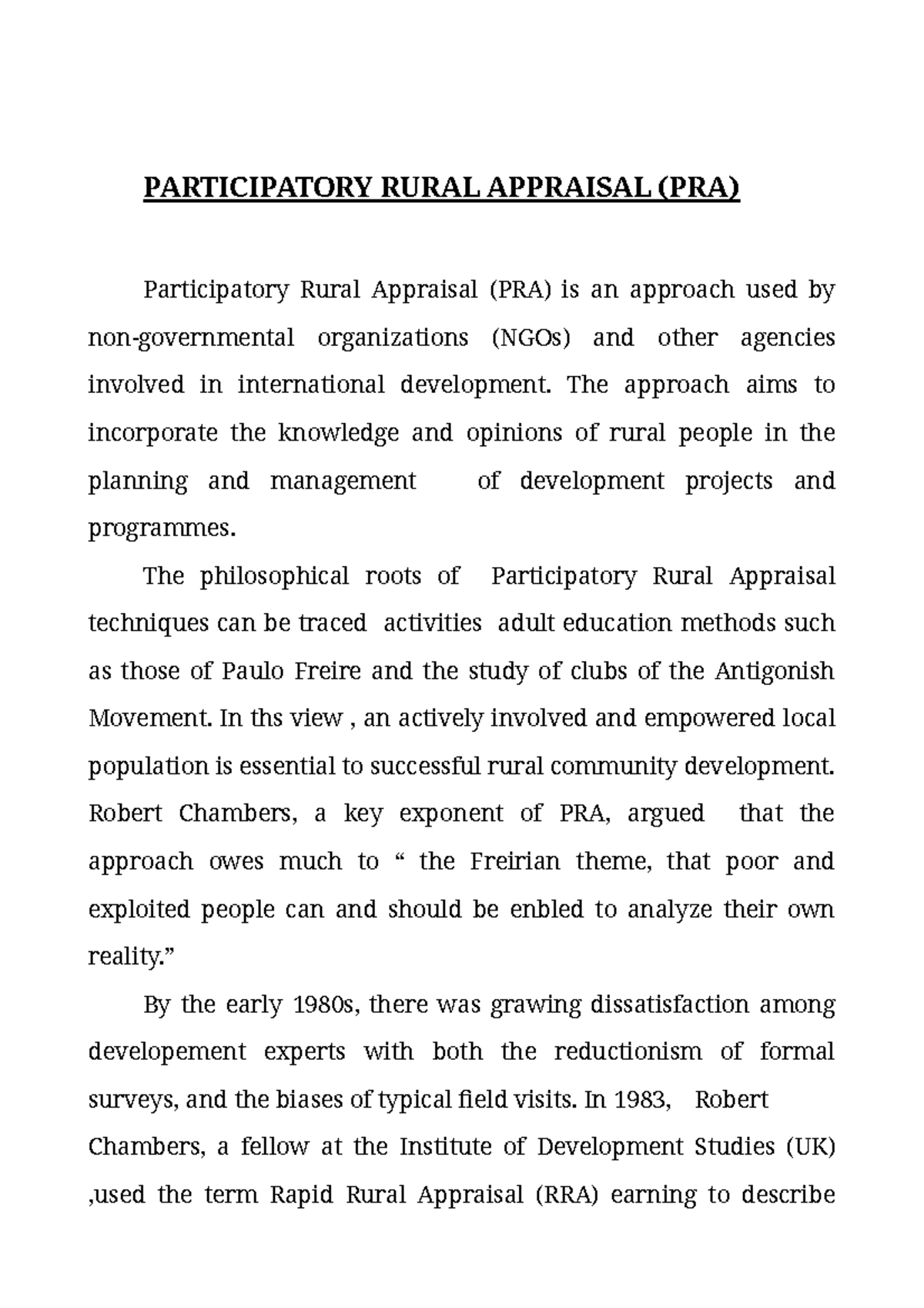 Participatory Rural Appraisal - The approach aims to incorporate the ...