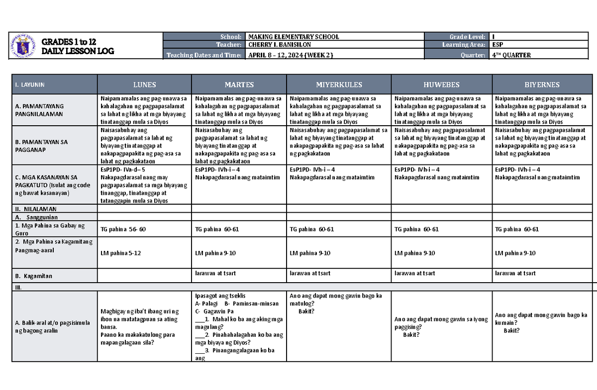 DLL ESP 1 Q4 W2 - GRADES 1 to 12 DAILY LESSON LOG School: MAKING ...