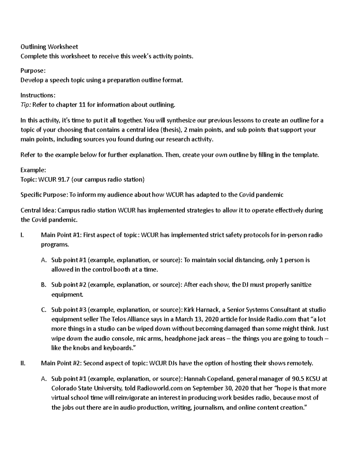 Outlining Worksheet - Outlining Worksheet Complete this worksheet to ...