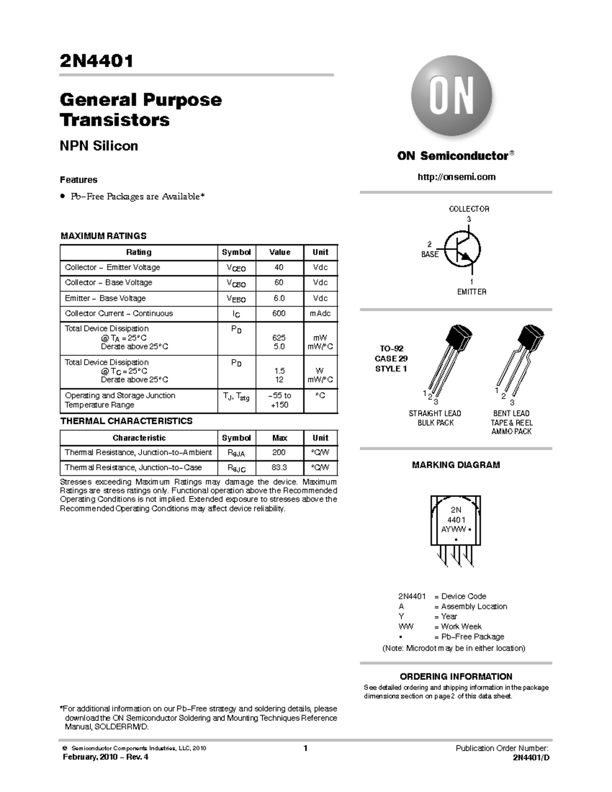 2N4401-D - © Semiconductor Components Industries, LLC, 2010 February ...