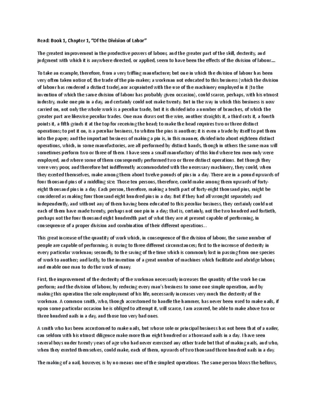 Wealth of Nations Excerpts - Read: Book 1, Chapter 1, “Of the Division ...