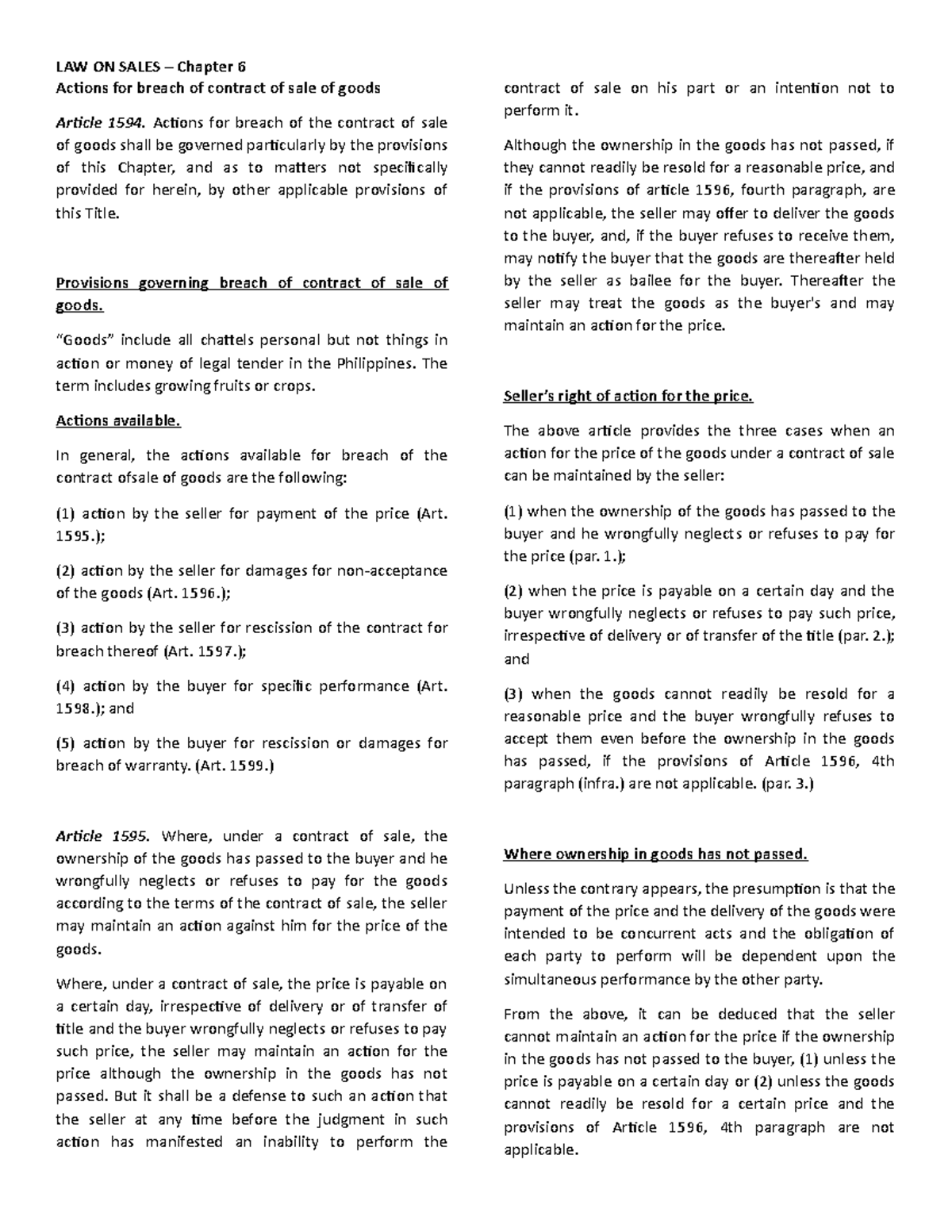 LAW ON Sales Chapter 6 Actions For Breach Of Contract Of Sale Of law-on-sales-chapter-6-actions-for-breach-of-contract-of-sale-of