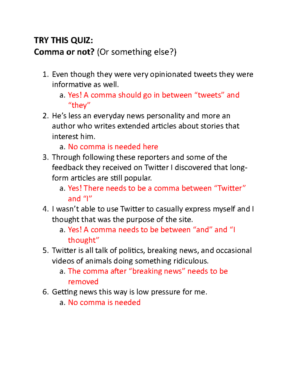 Help with Commas Quiz - 11 question comma quiz for week 2 - TRY THIS ...