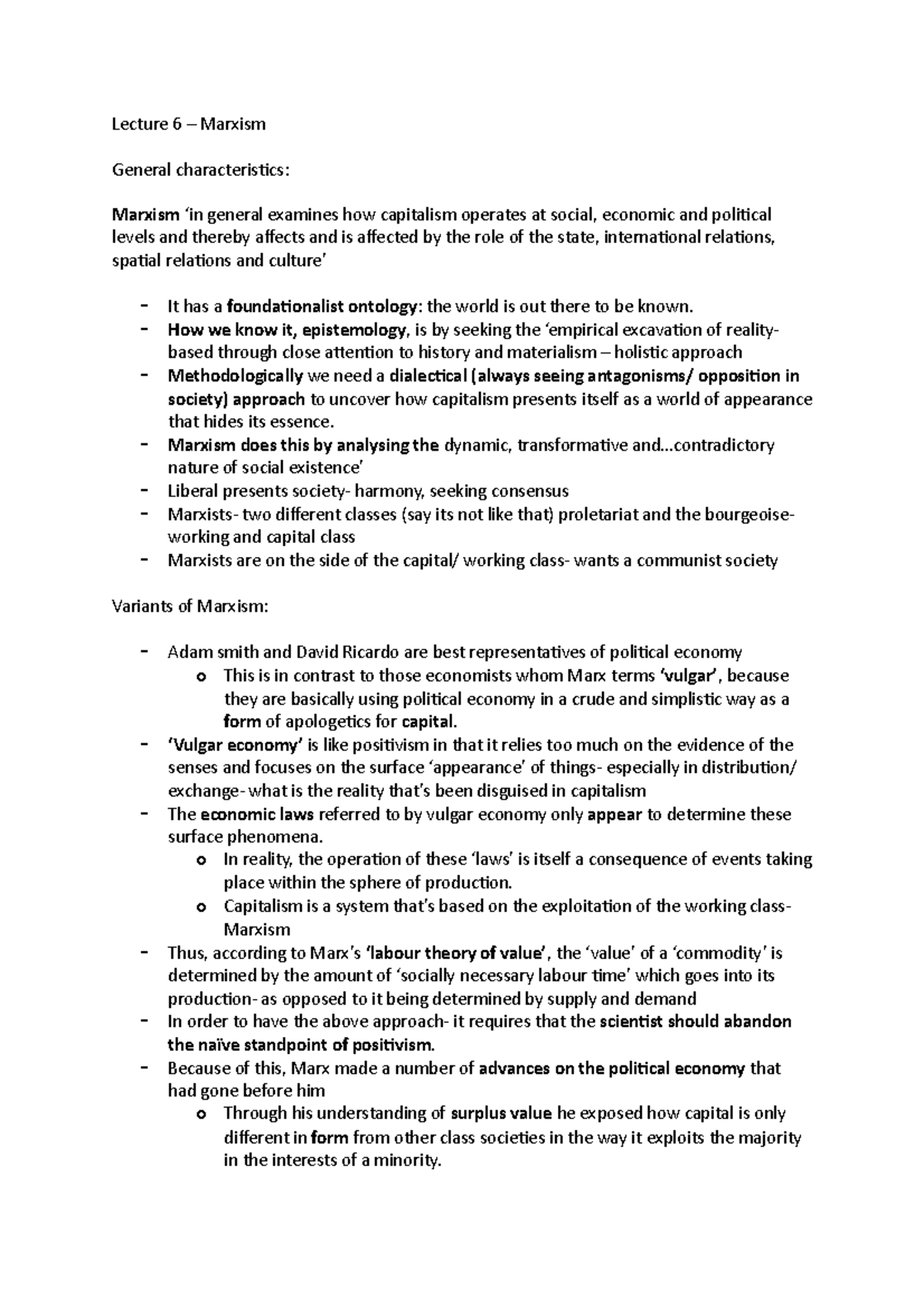 Marxism notes- politics - Lecture 6 – Marxism General characteristics ...