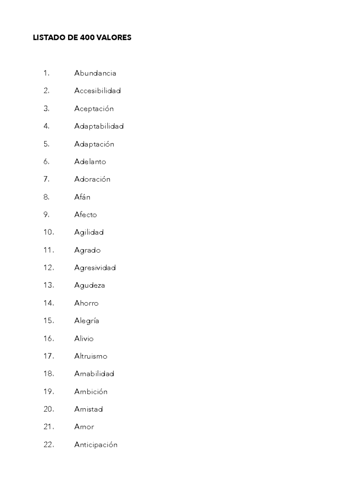 400 valores - Valen - LISTADO DE 400 VALORES Abundancia Accesibilidad ...