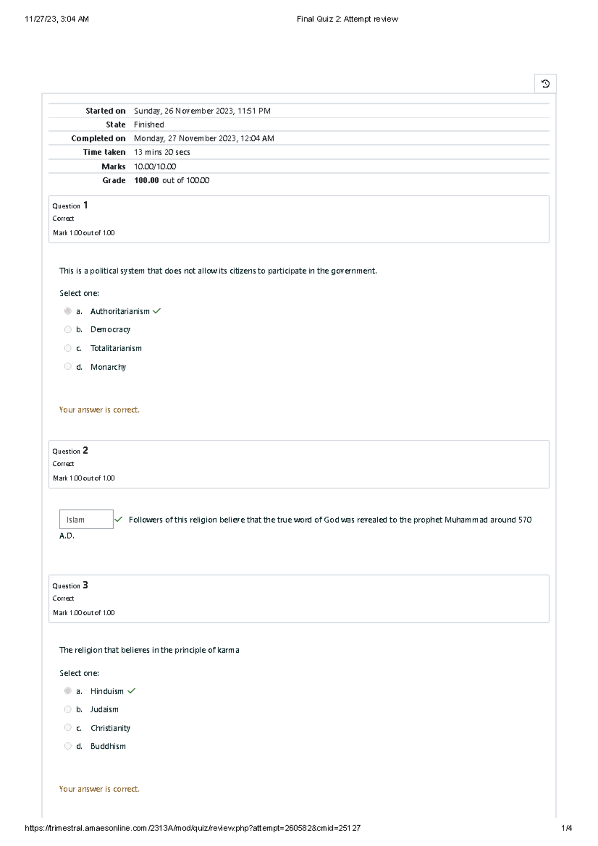 Final Quiz 2 Attempt review - Started on Sunday, 26 November 2023, 11: ...