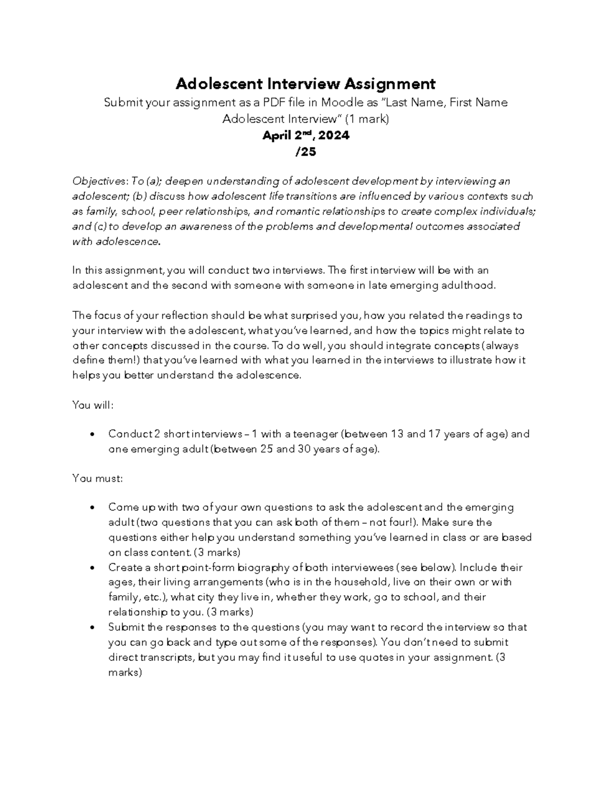 Adolescent Interview Assignment - Adolescent Interview Assignment ...