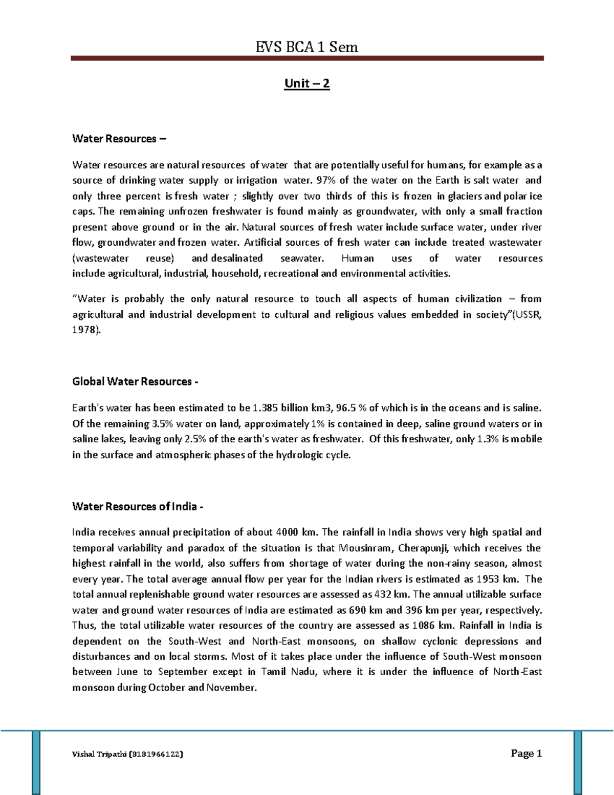 EVS bca - Evs second unit notes - Unit – 2 Water Resources – Water ...