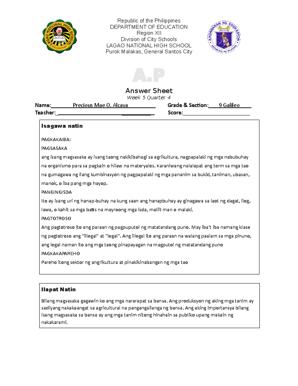 Ap - ABBBBBBBBBBB - DEPARTMENT OF EDUCATION Region XII Division of City ...