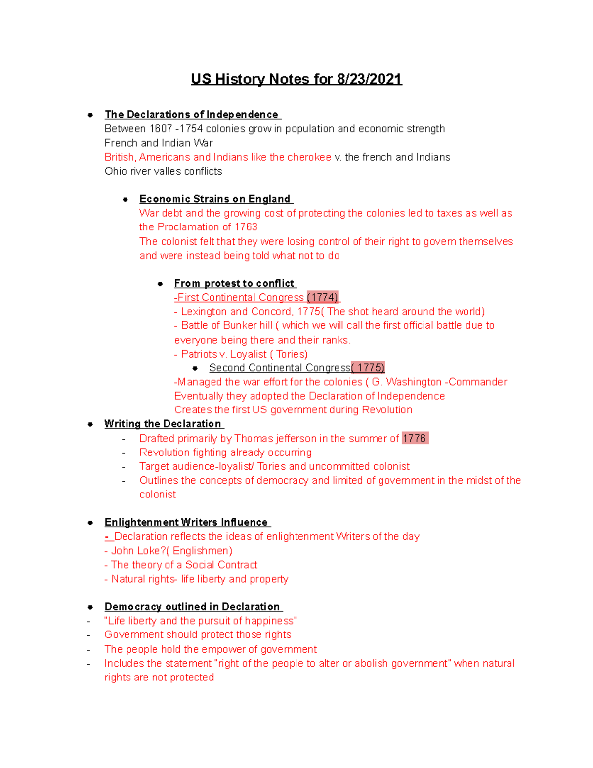 lecture notes in History - US History Notes for 8/23/ The Declarations ...