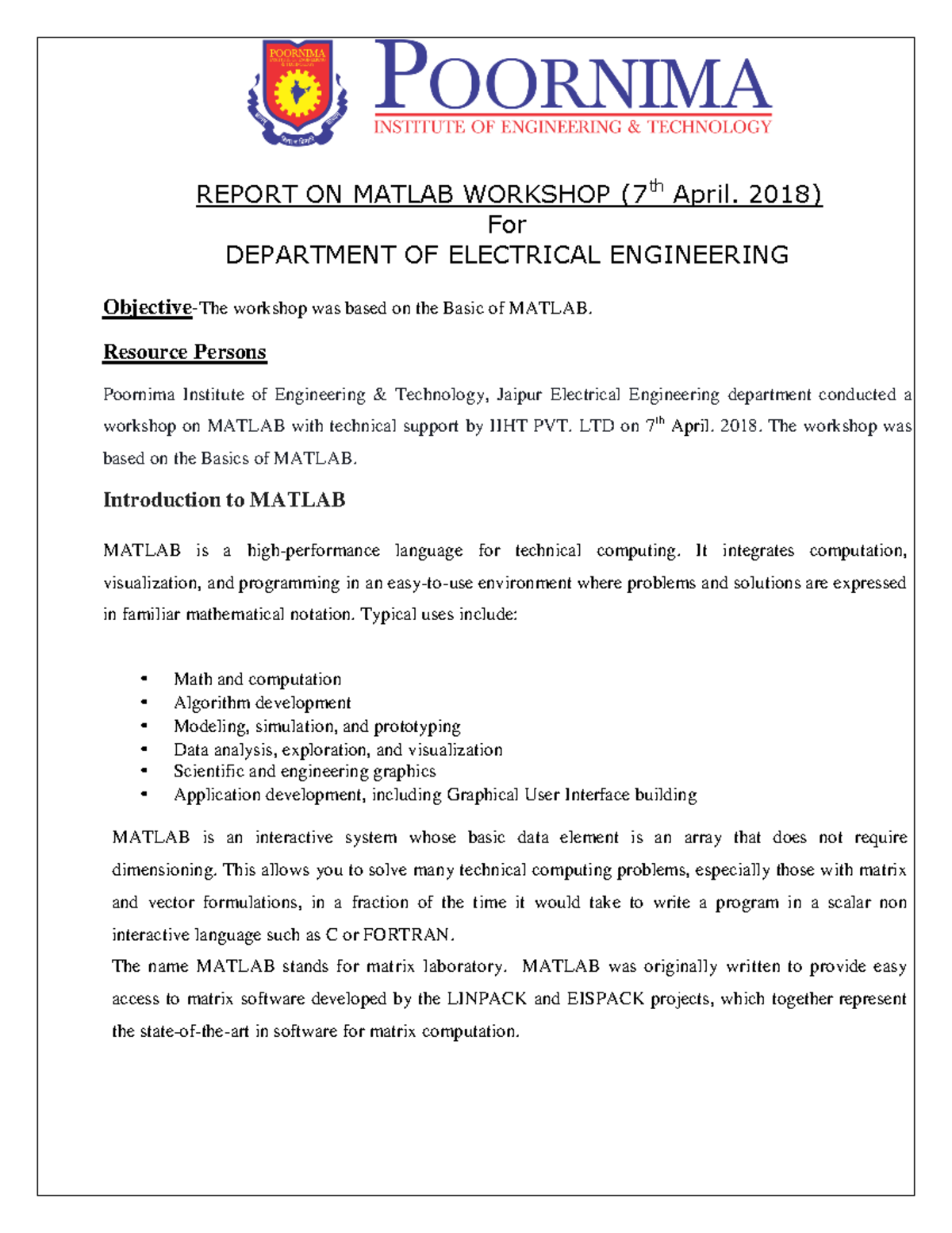 PIET Matlab Workshop Report 2018 - REPORT ON MATLAB WORKSHOP (7th April ...