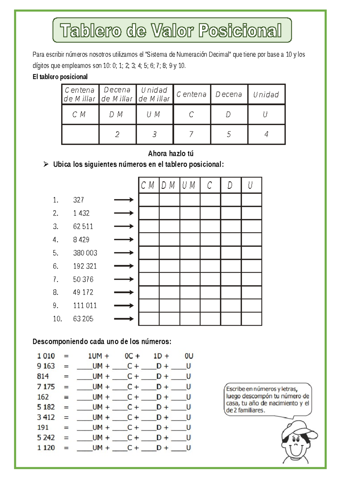 Tablero de Valor Posicional para Tercero de Primaria - Para escribir ...