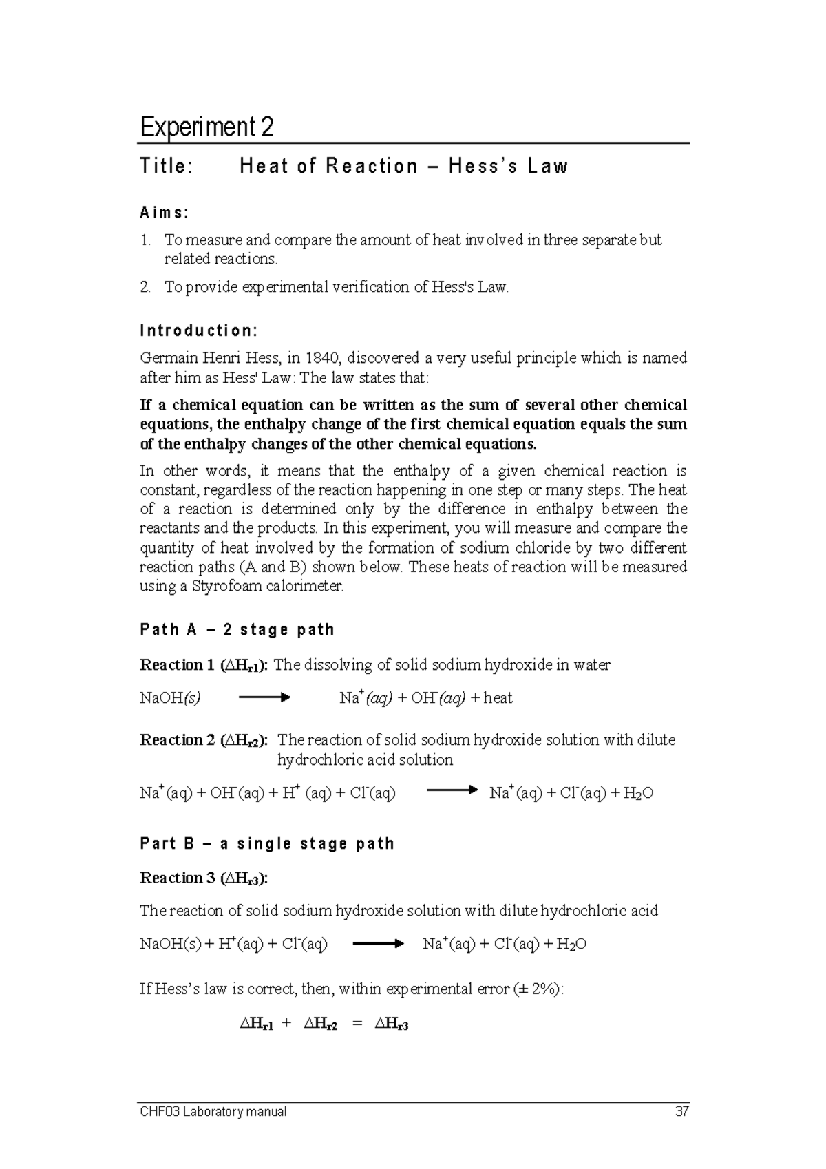 CHF03 Experiment 2 - Experiment 2 T i t l e : H e a t o f R e a c t i o ...