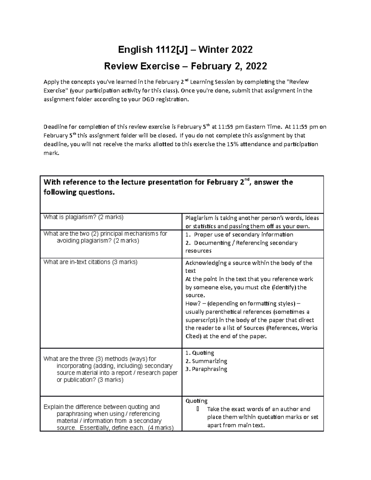 Review Exercise - February 2 - English 1112[J] – Winter 2022 Review ...