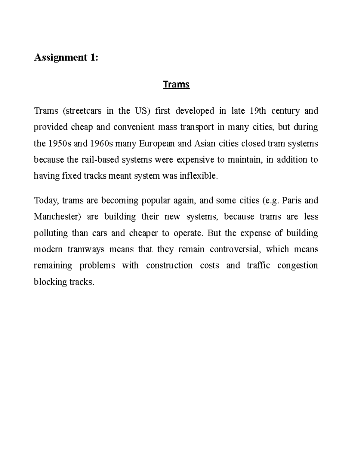 Assignment 1-Trams - Assignment 1: Trams Trams (streetcars in the US ...