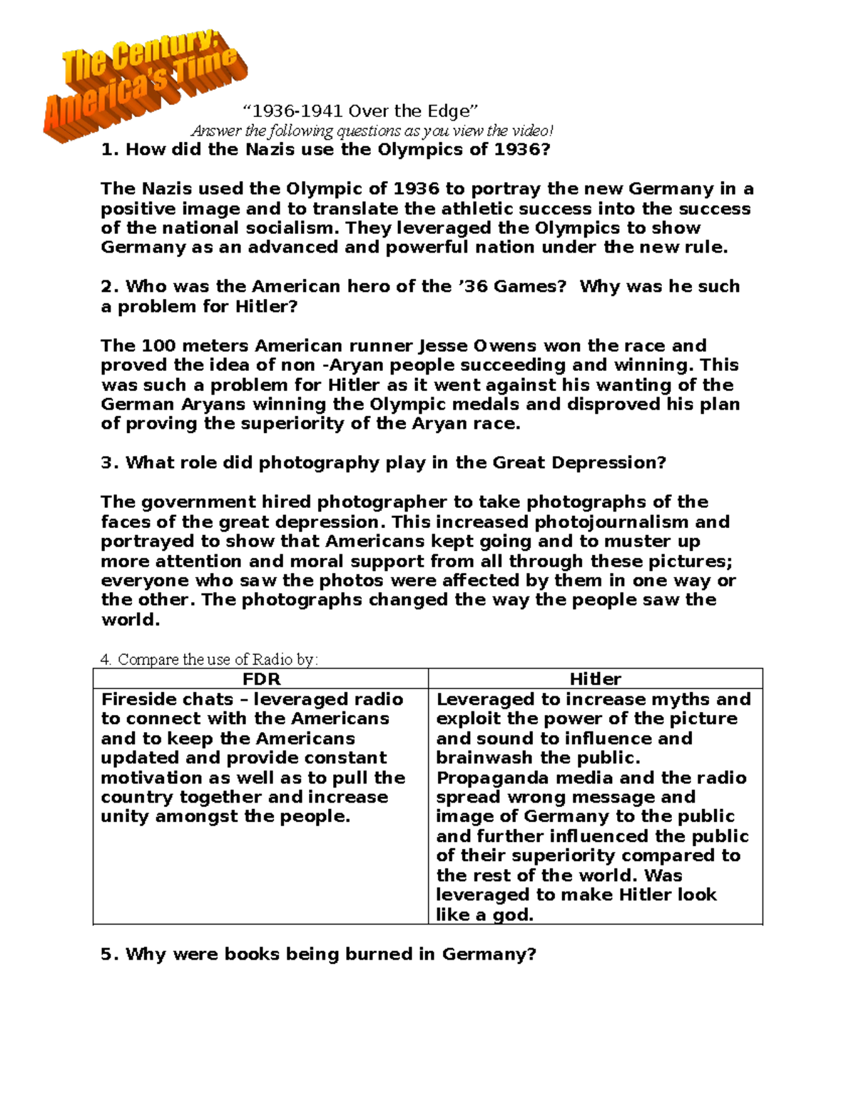 Video Questions History - “1936-1941 Over the Edge” Answer the ...