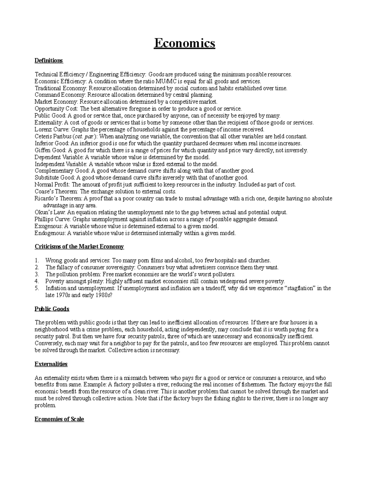 Economics Notes - Economics Definitions Technical Efficiency ...