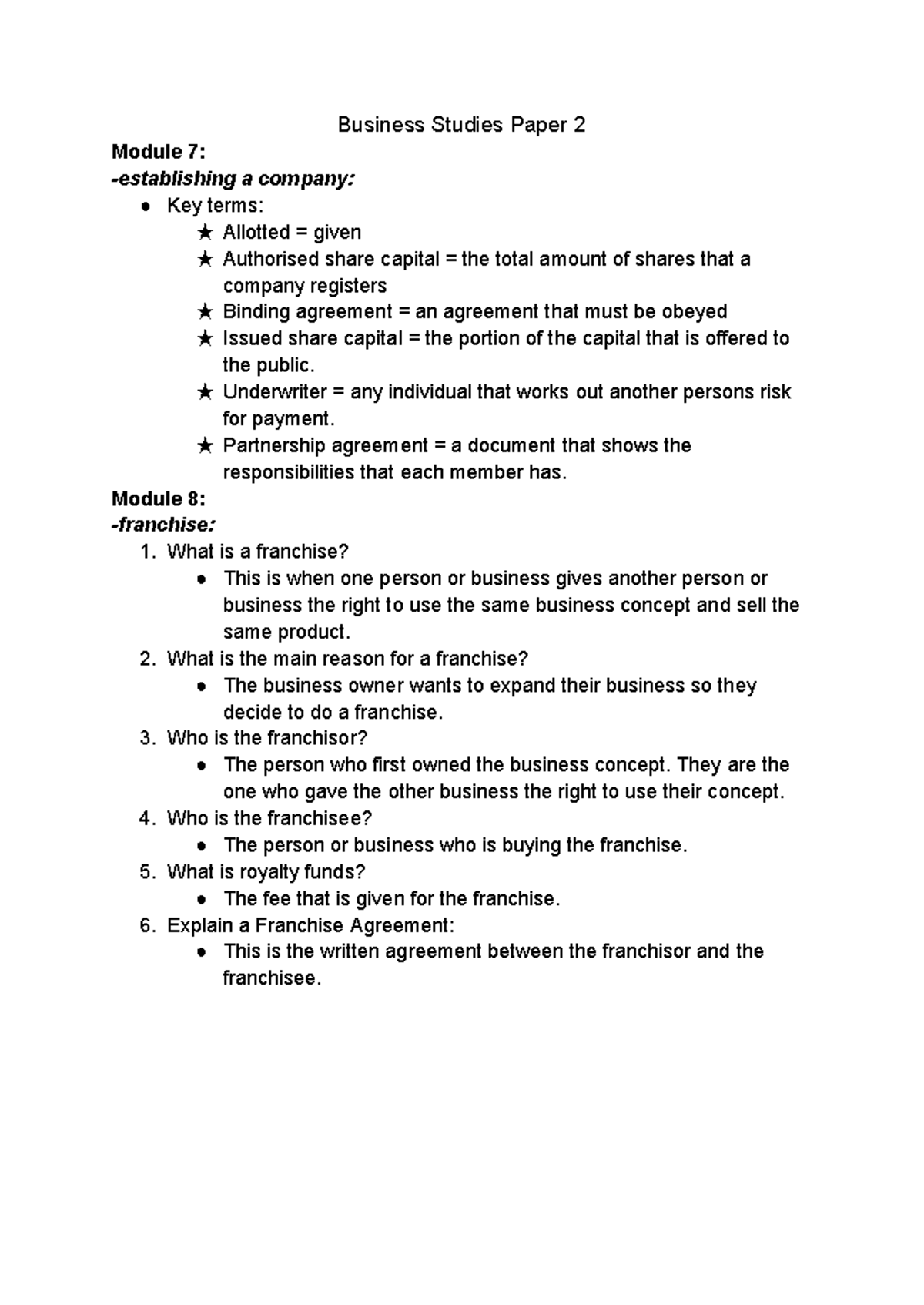 Business Grade 12 - Business Studies Paper 2 Module 7: -establishing a ...