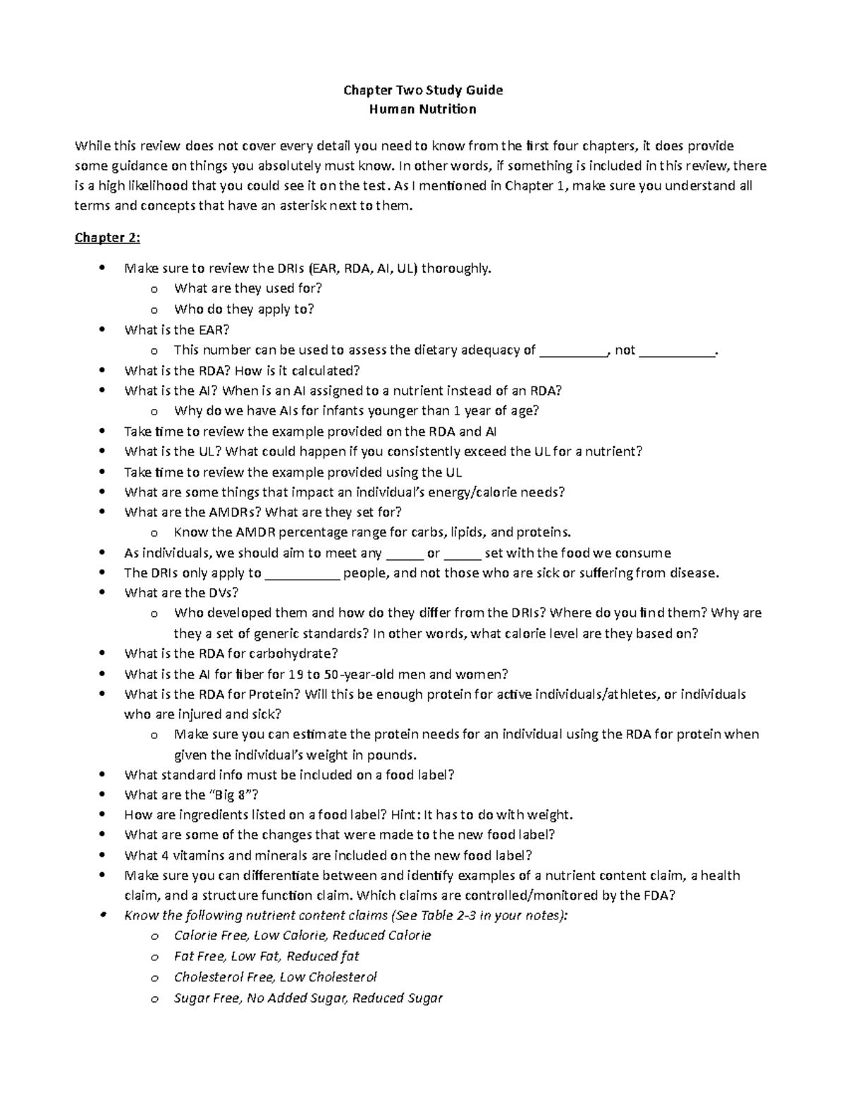 Unit 1 Study Guide - Chapter 2 - Chapter Two Study Guide Human ...