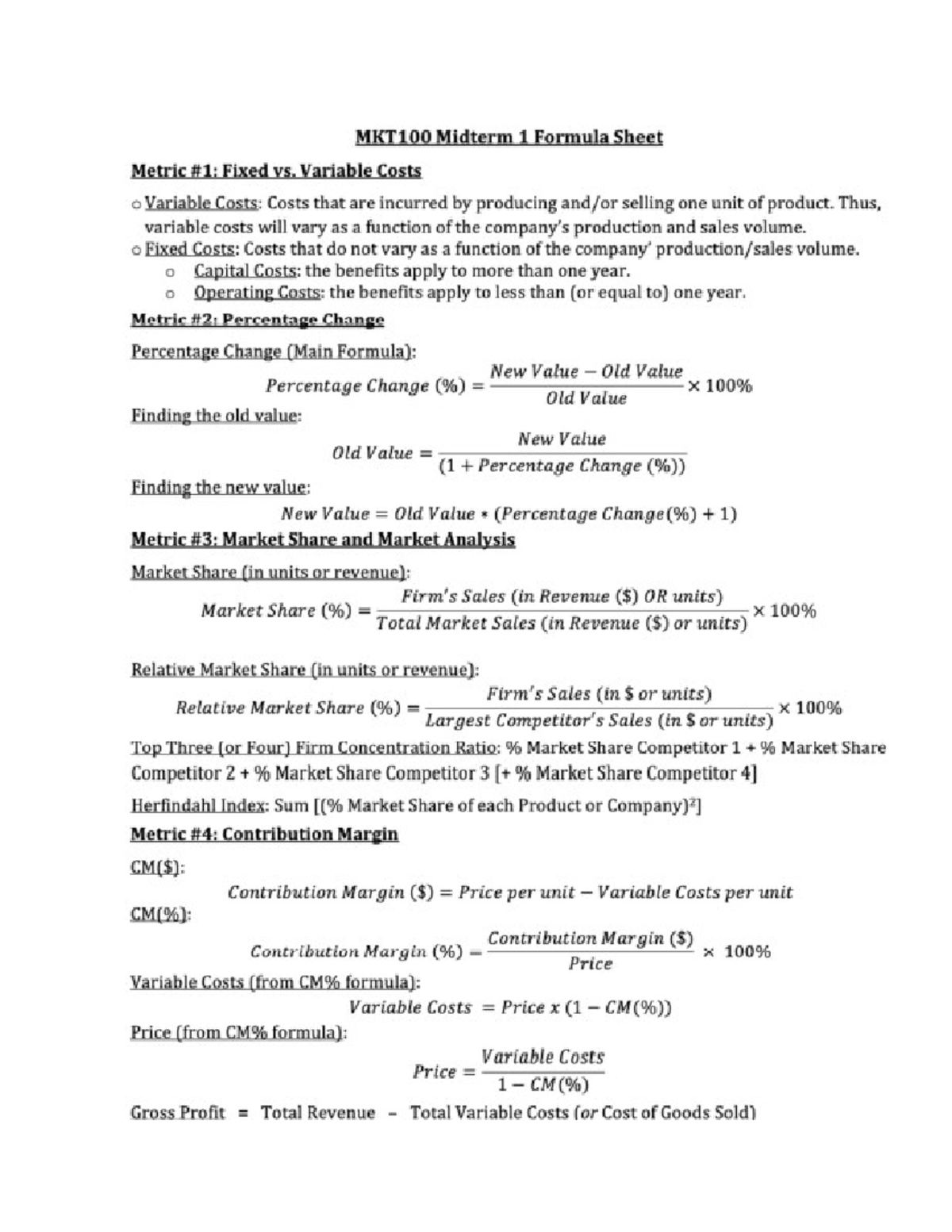 Midterm-Metric-Formula Sheet - MKT100 - Studocu