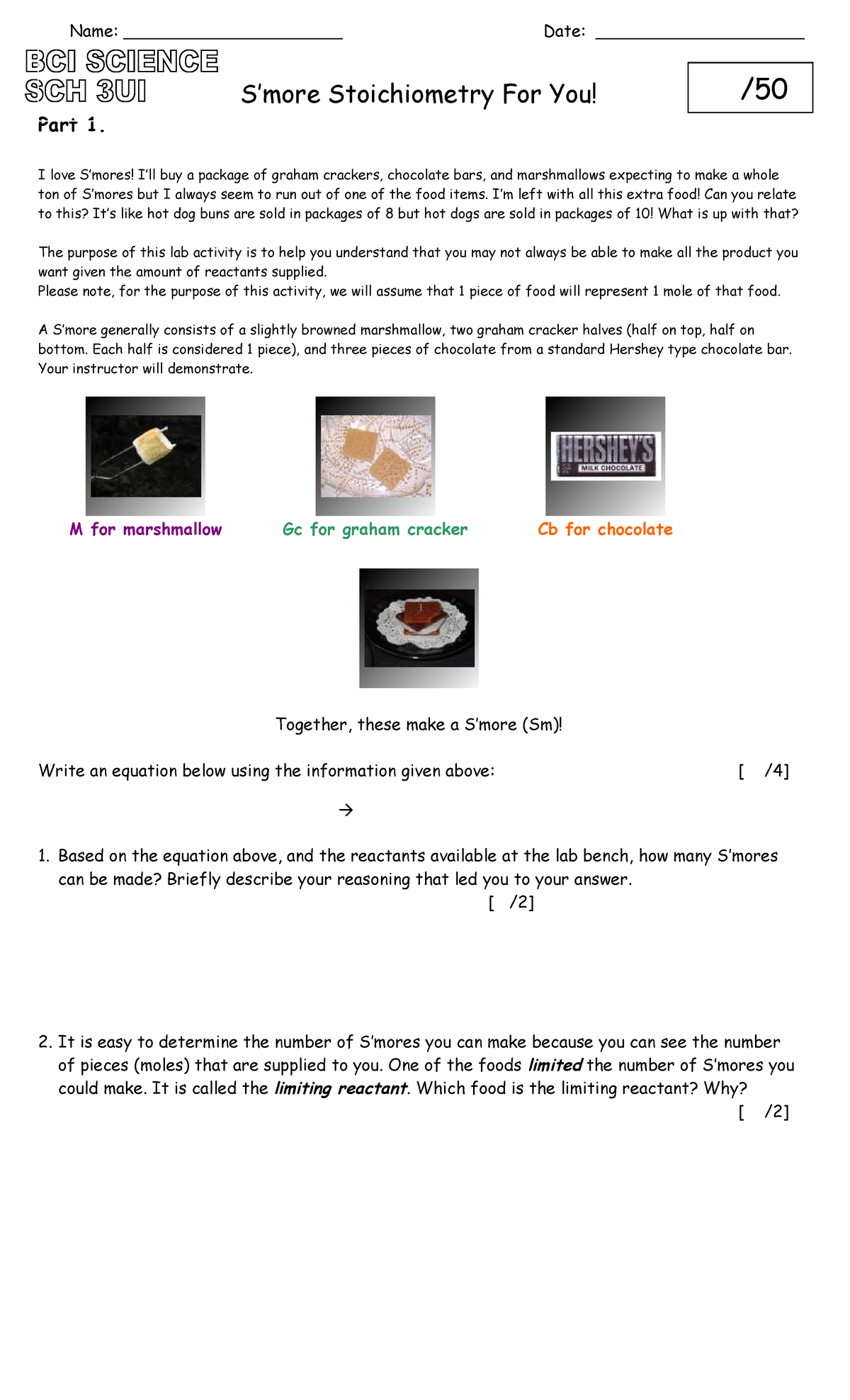 Smorelab - class assignment summer - S’more Stoichiometry For You! Part ...