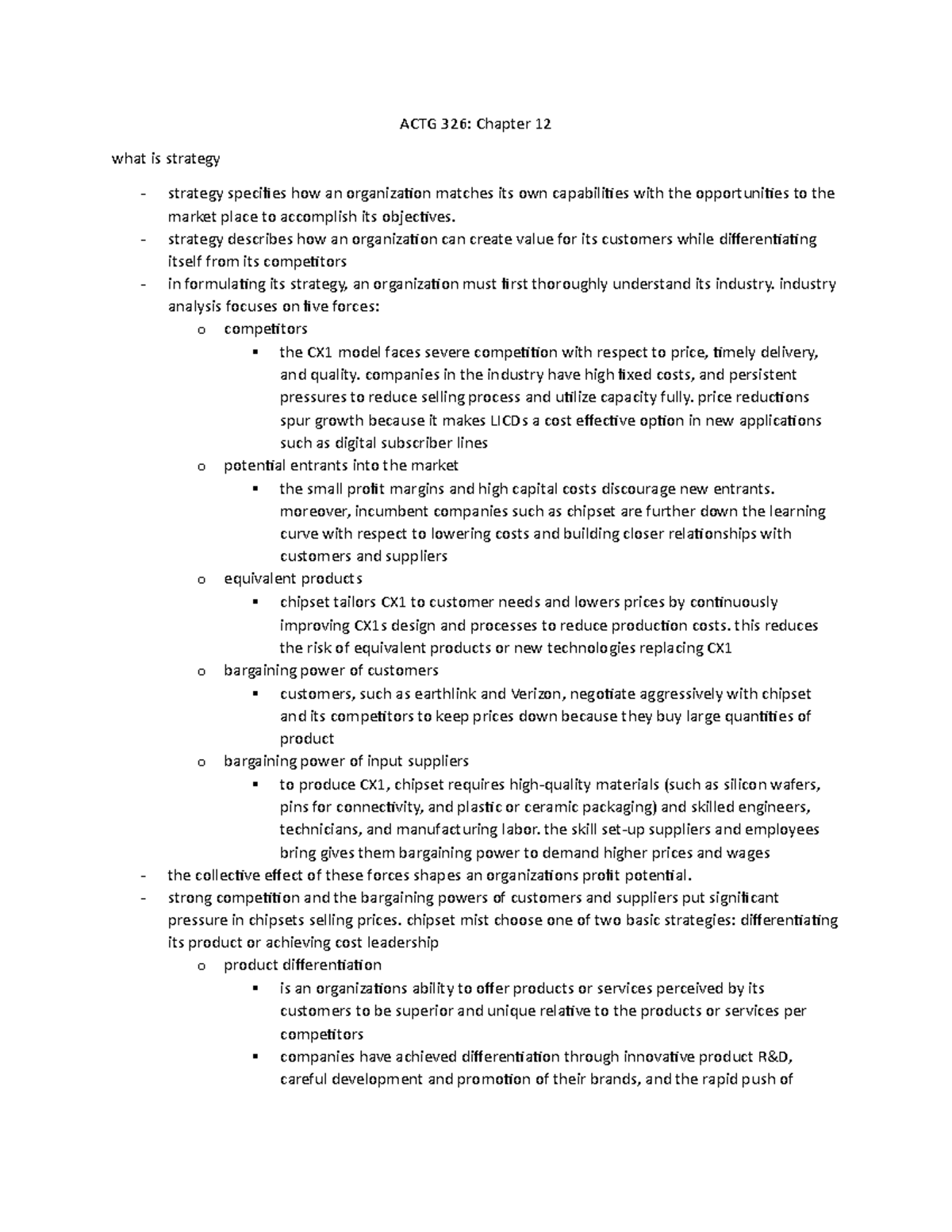 ACTG 326- Chapter 12 - Danielle Hart - ACTG 326: Chapter 12 what is strategy strategy specifies ...