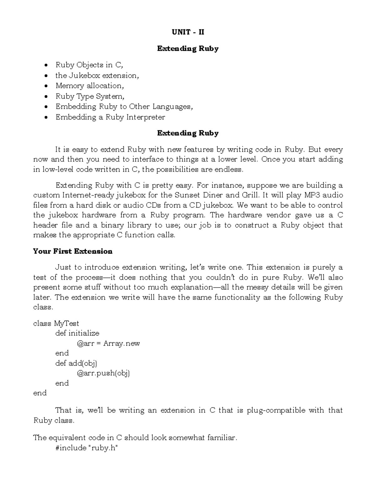 UNIT 2 - This is unit 2 notes - UNIT - II Extending Ruby Ruby Objects ...