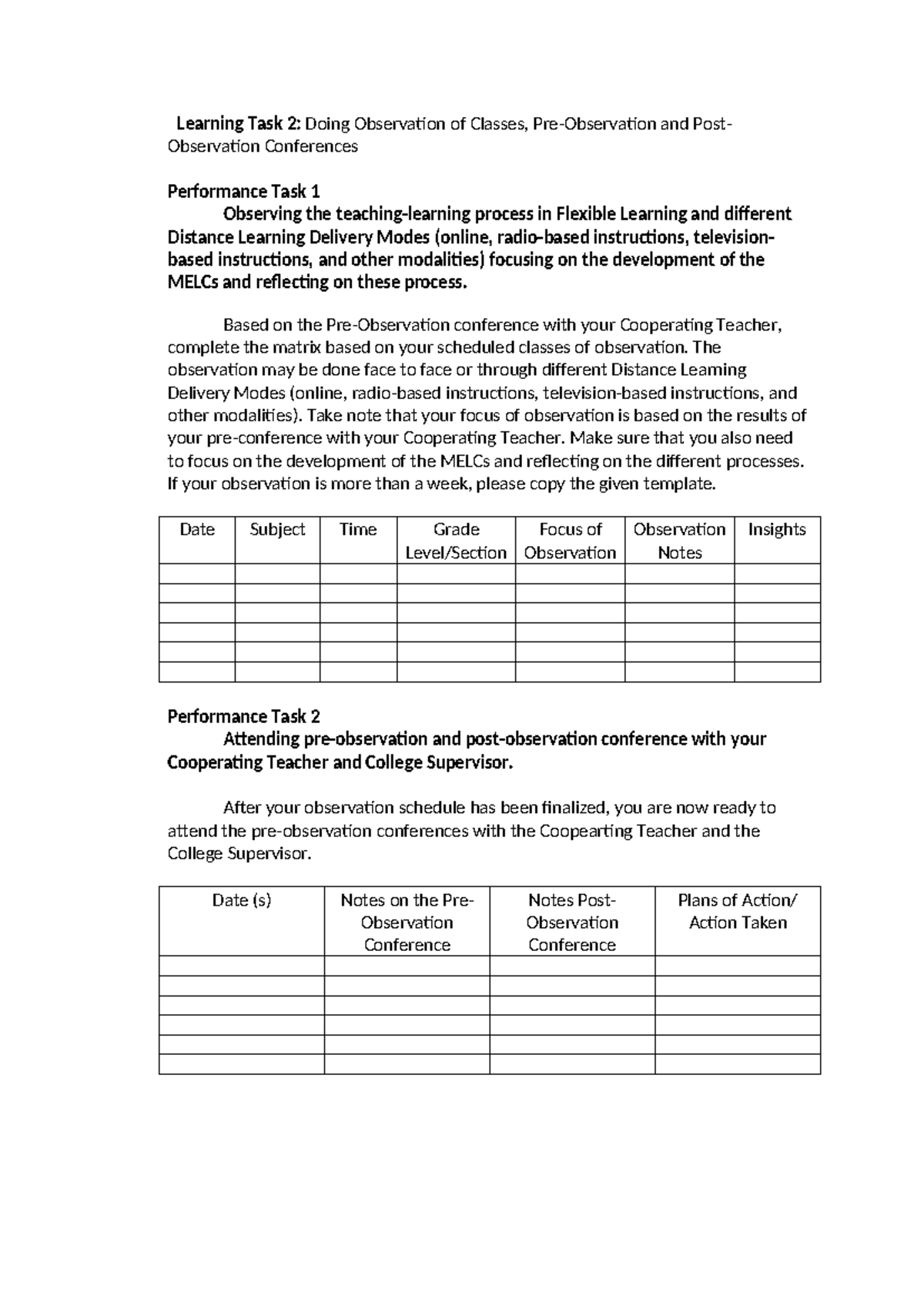Learning Task of Teaching Internship - Learning Task 2: Doing Observation of Classes, - Studocu