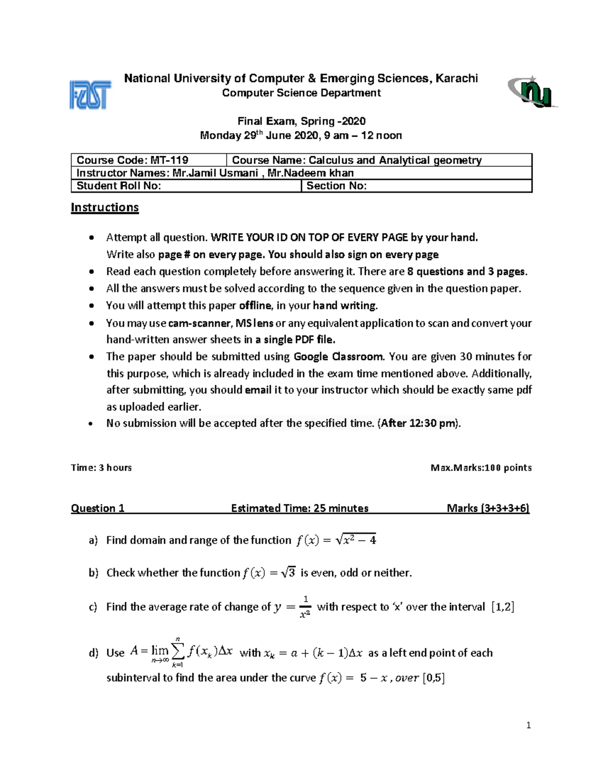 Calculus Final 2020 spring - calculus and analytical geometry - FAST ...